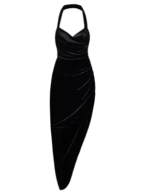 Norma Kamali Cayla Asymmetric Ruched Velvet Halterneck Gown - Black