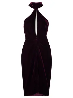 TOM FORD Cutout Draped Velvet Halterneck Midi Dress - Burgundy