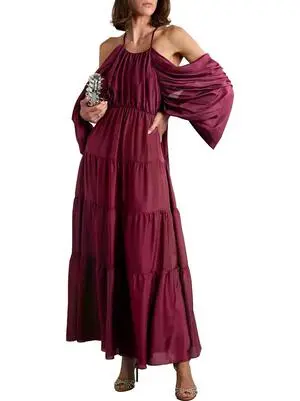 Zimmermann Tallow Cold-shoulder Pleated Tiered Silk-satin Maxi Dress - Burgundy