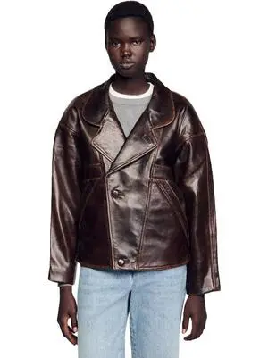 Sandro Oversized Leather Jacket - Brown