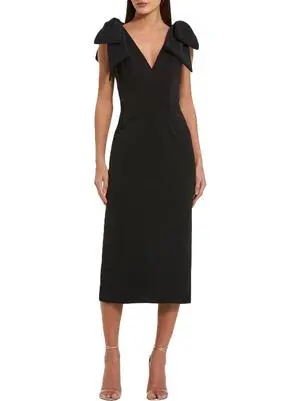 Mac Duggal Bow Strap Crepe Fitted Midi Dress - Black