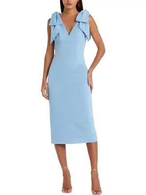 Mac Duggal Bow Strap Crepe Fitted Midi Dress - Powder Blue