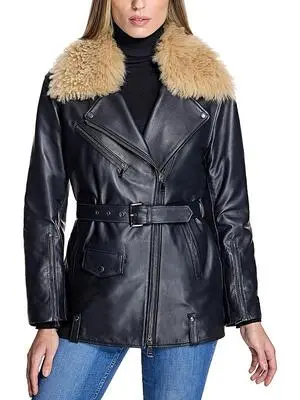 MAXIMILIAN Leather Moto Jacket With Detachable Shearling Collar - Black/beige