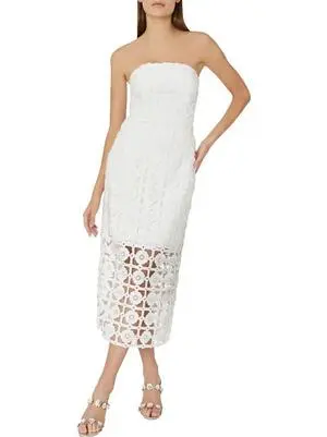 MILLY Kait Strapless Tile Lace Midi Dress - White