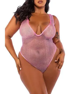 ROMA CONFIDENTIAL Crystal Embellished Fishnet Thong Teddy - Pink