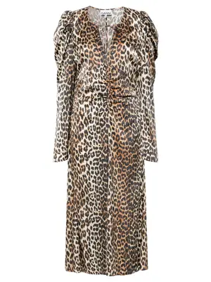 GANNI Leopard-print Ruched Midi Dress - Brown