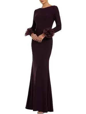 Mac Duggal Long Sleeve Fitted Jersey Gown With 3d Flowers - Amethyst