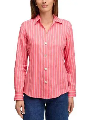 Foxcroft Paityn Stripe Cotton Button-up Shirt - Sunkissed Coral/ White