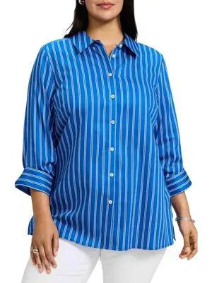 Foxcroft Evelyn Stripe Cotton Button-up Shirt - Cobalt Blue White