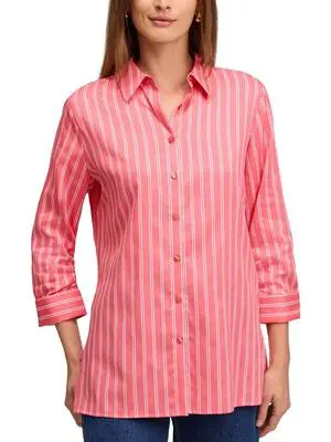 Foxcroft Evelyn Stripe Cotton Button-up Shirt - Sunkissed Coral/ White