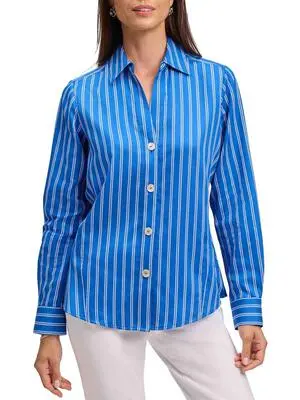 Foxcroft Paityn Stripe Cotton Button-up Shirt - Cobalt Blue/ White