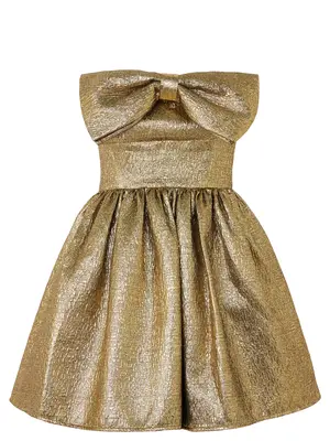 SELF-PORTRAIT Bow-detailed Strapless Metallic Cloqué Mini Dress - Gold