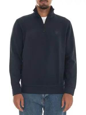 BOSS Cotton Turtleneck Jumper With Half-zip Closure Blue