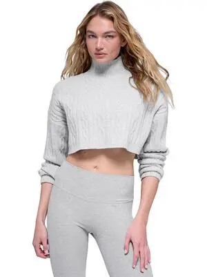 Alo Yoga Cable Knit Cropped Turtleneck Top - Athletic Heather Grey