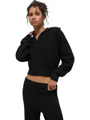 Alo Yoga Cashmere Plush Waffle Quarter Zip Pullover Top - Black