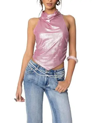EDIKTED Shiny Backless Cowl Neck Top - Pink