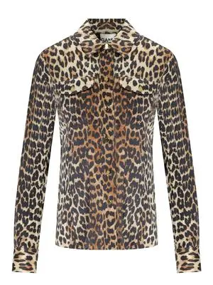 GANNI Animal Print Satin Shirt - Beige