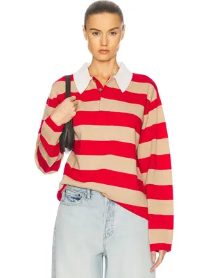 Guest In Residence Striped Rugby Cashmere Top - Dune & True Red Stripe