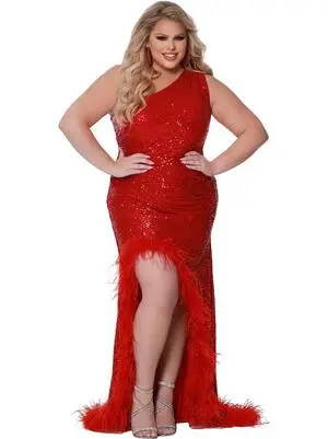 SYDNEY'S CLOSET One-shoulder Sequin And Ostrich Feather Gown - Firecracker