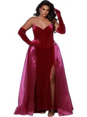 SYDNEY'S CLOSET Strapless Velvet Corset Evening Gown With Gloves - Berry