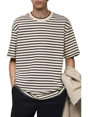 Mango Relaxed Fit Stripe Cotton T-shirt - Ecru