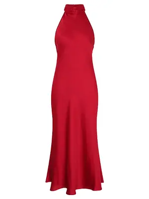 OMNES Seychelles Halterneck Satin Maxi Dress - Barbados Cherry