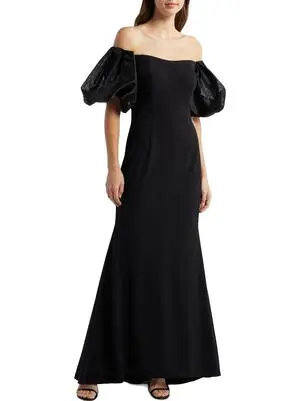 Eliza J Off-the-shoulder Puff Sleeve Gown - Black