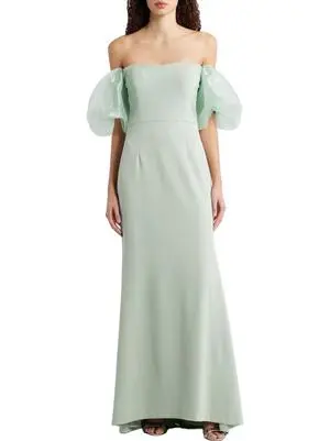Eliza J Off-the-shoulder Puff Sleeve Gown - Sage