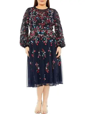 Mac Duggal Long Sleeve Beaded Cocktail Dress - Midnight