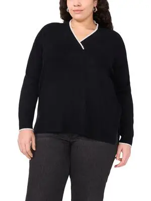 Vince Camuto Tipped Cross V-neck Cozy Sweater - Rich Black