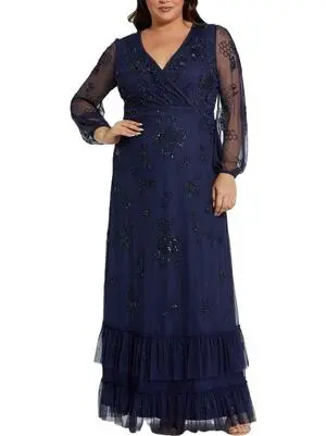Mac Duggal Puff Sleeve V-neck Tiered Embellished Gown - Midnight