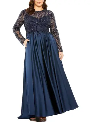 Mac Duggal Sheer Long Sleeve Beaded Top Satin Gown - Midnight