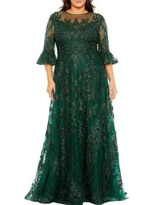 Mac Duggal Mac Duggal High Neck A-Line Gown With Flutter Sleeves Emerald