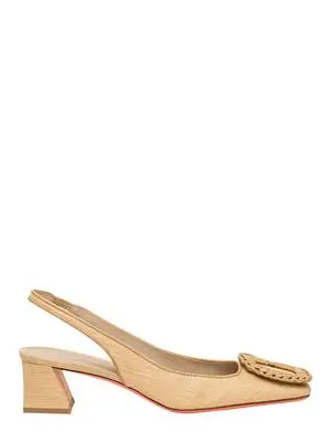 Santoni Lemon Raffia Buckle Slingback Pumps Beige