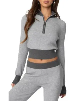 EDIKTED Lei Contrast Trim Half Zip Crop Top - Gray