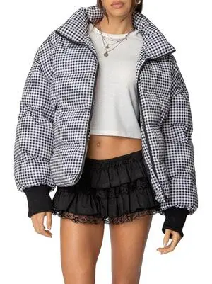 EDIKTED Gingham Oversize Quilted Puffer Jacket - Black-and-white