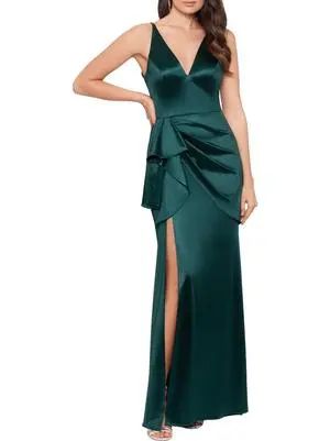 BLONDIE NITES Glam Ruffle Satin Gown - Hunter