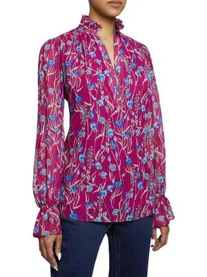 Santorelli Chelsea Floral Printed Georgette Blouse - Dark Magenta