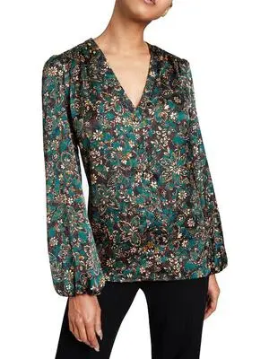 Santorelli Alexia Long Sleeve Floral Blouse - Pine Multi
