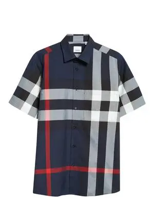 Burberry Summerton Check Short Sleeve Cotton Poplin Button-up Shirt - Navy Ip Check