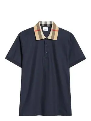 Burberry Cody Check Collar Cotton Piqué Polo Smoked Navy