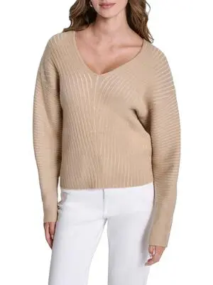 Dkny Transfer Rib V-neck Sweater - Travertine/ivory