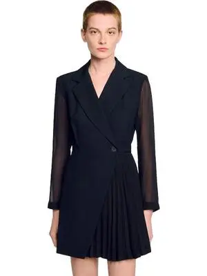 Sandro Tailored Wraparound Dress With Pleated Skirt - Black