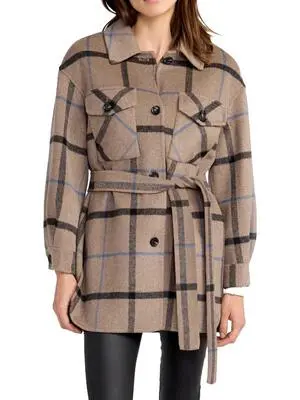 BELLE & BLOOM Belle & Bloom Belted Wool Blend Windowpane Check Shirt Jacket