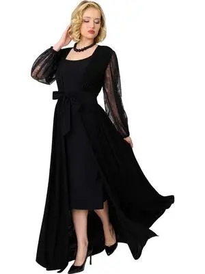 Unique Vintage Billow Long Sleeved Hollywood Duster - Black Solid