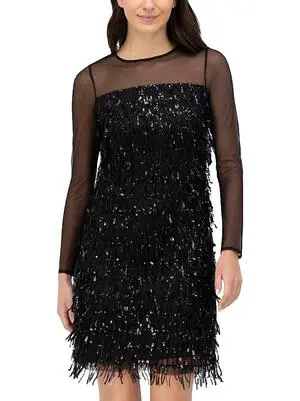 Eliza J Illusion Sequin Fringe Shift Dress - Black