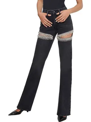 Good American Icon Crystal Embellished Straight Leg Jeans - Black376