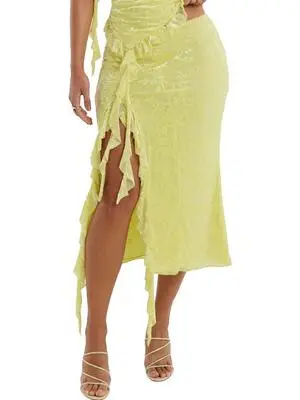 MISTRESS ROCKS Floral Burnout Velvet Ruffle Midi Skirt - Lemon Lime