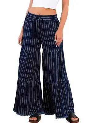 BILLY T Tiered Wide Leg Pants - Dark Indigo Pinstripe