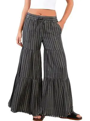 BILLY T Tiered Wide Leg Pants - Grey Pin Stripe